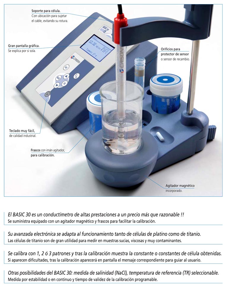 Conductímetro Basic-30, con agitador, soporte y patrones. Sin célula ...