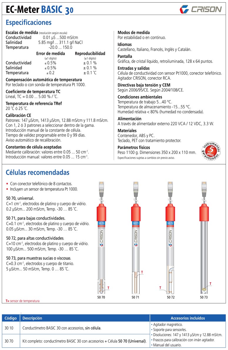 Conductímetro Basic-30, con agitador, soporte y patrones. Sin célula ...